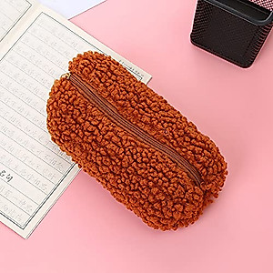 Faux Lambswool Pencil Case Student Zipper Plush Pencil Pouch for School Office Supplies, Solid Color Simple Pencil Case, High Capacity Portable INS Cosmetic Travel Zipper Bag 5 Colors Coffee