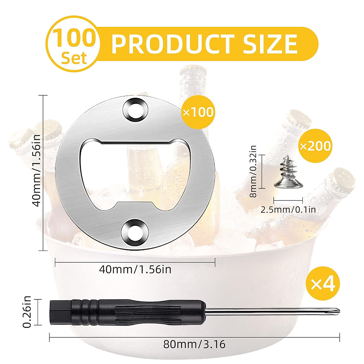 Ohiyoo 100 Set Bottle Opener Insert DIY Bottle Opener Hardware Stainless Steel Metal Bottle Opener Insert Kits Silver Resin Bottle Opener Hardware Beer Bottle Opener DIY Hardware (Silver, 100 Set)