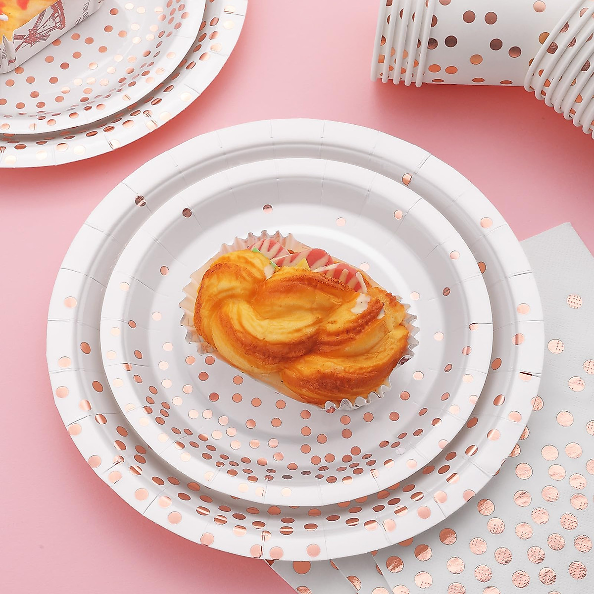 Gudvilla 200PCS Rose Gold Plates and Napkins Party Supplies,Rose Gold Party Decorations Serve 50 Guests,Gold Polka Dots Paper Plates for Retirement Wedding Decorations-Rose Gold Birthday Plates