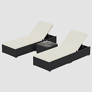 LHBcraft Outdoor PE Wicker Chaise Lounge Set, Patio Lounge Chairs, Rattan Adjustable Reclining Lounge Chairs with Cushions and Matching Storage Table (Two Chair + one Table)