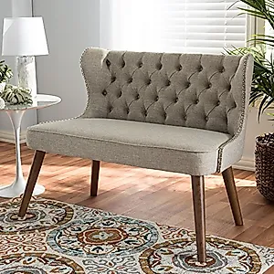 Baxton Studio Sydney Walnut Wood Button-Tufting with Nailheads Trim 2-Seater Loveseat Settee, Light Beige