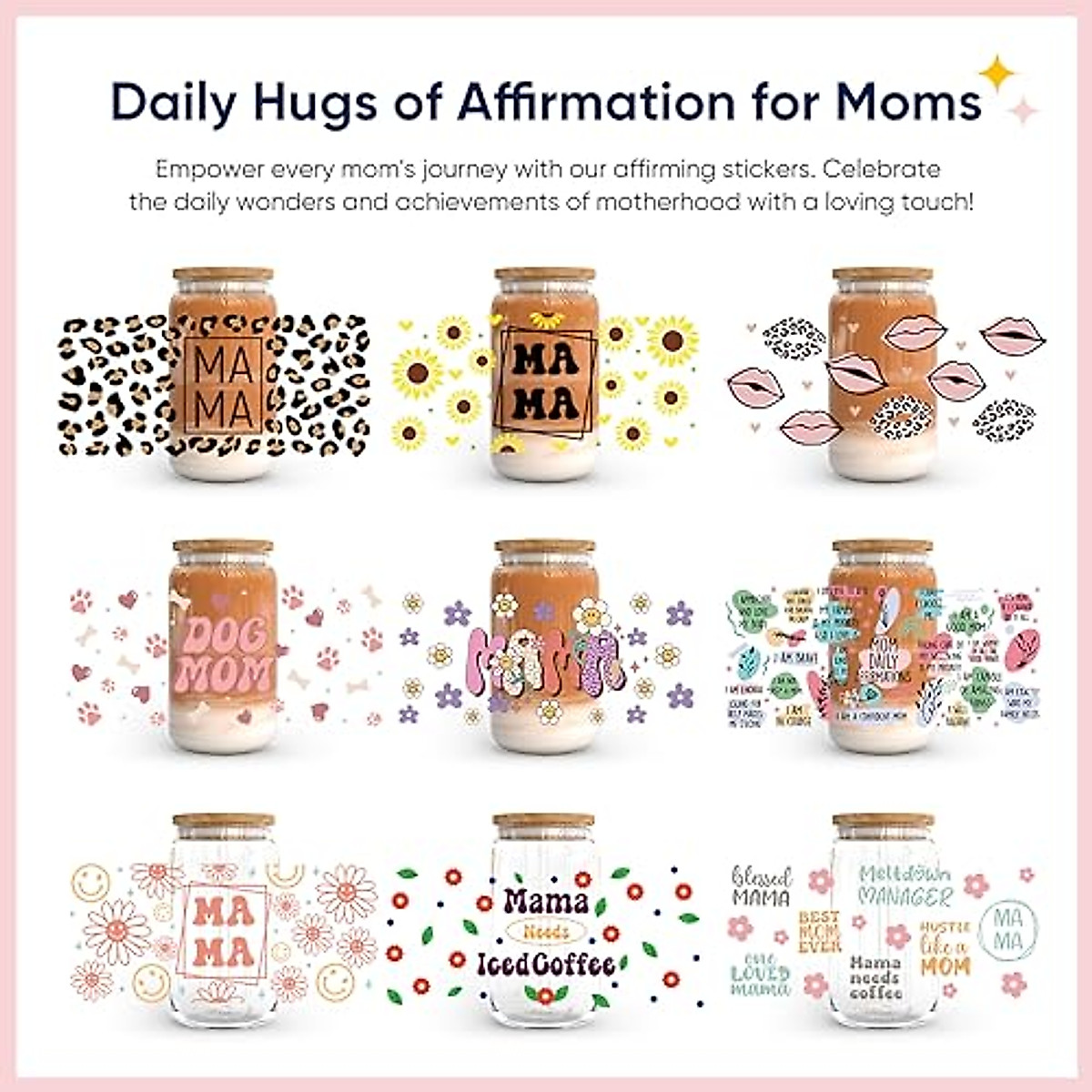 Beryzol UV DTF Cup Wrap, 9 Sheets Mama Theme 1 Sheets Mysterious Pattern and Cleaning Kit, UV DTF Transfers Stickers for 16 OZ Libbey Glass Cups Straws and Accessories