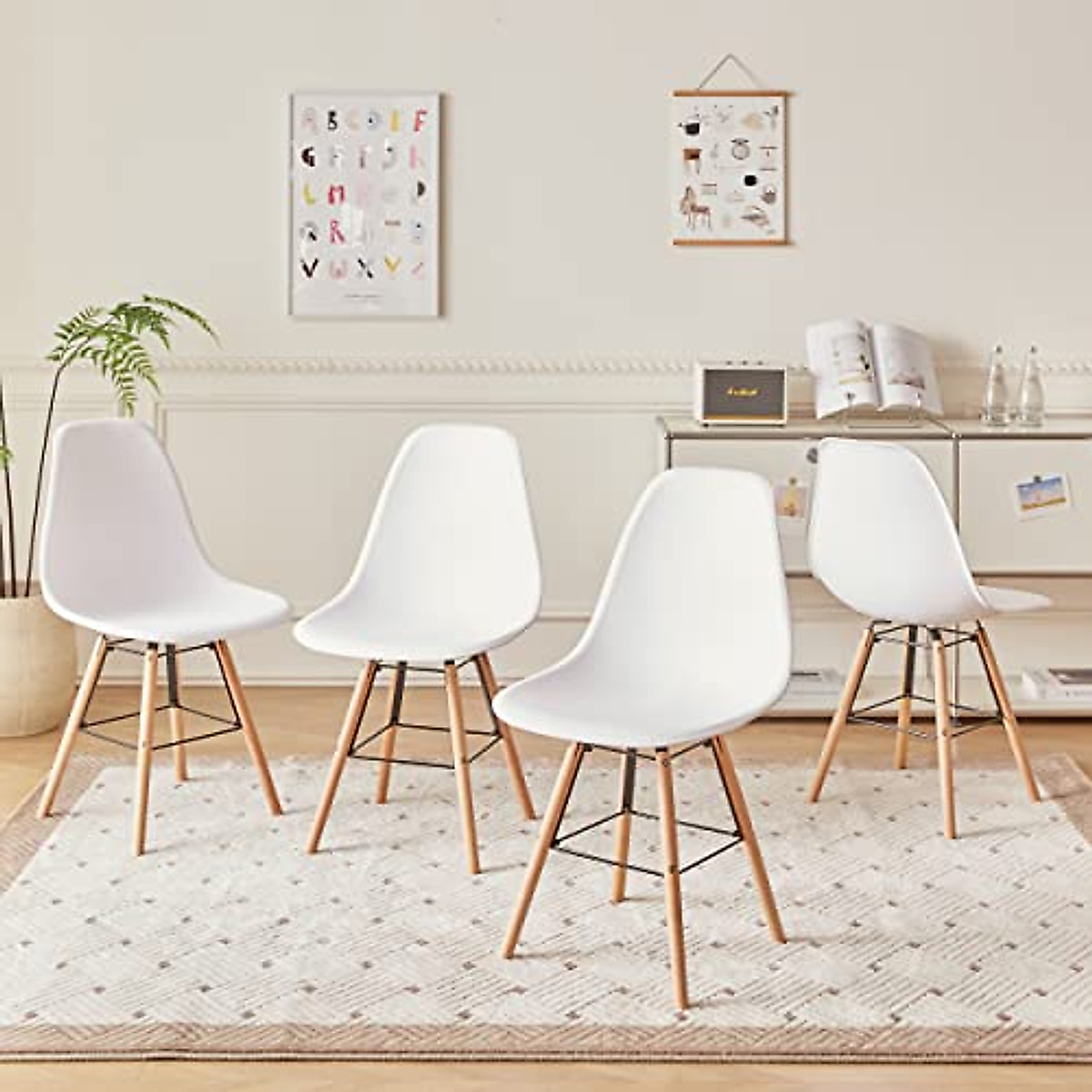 SANSHREUNI Dining Chairs Set of 4, Mid Century Modern Dining Chair Side Chair with Wood Legs, Modern Style Shell Chair for Kitchen Dining Room, Living Room