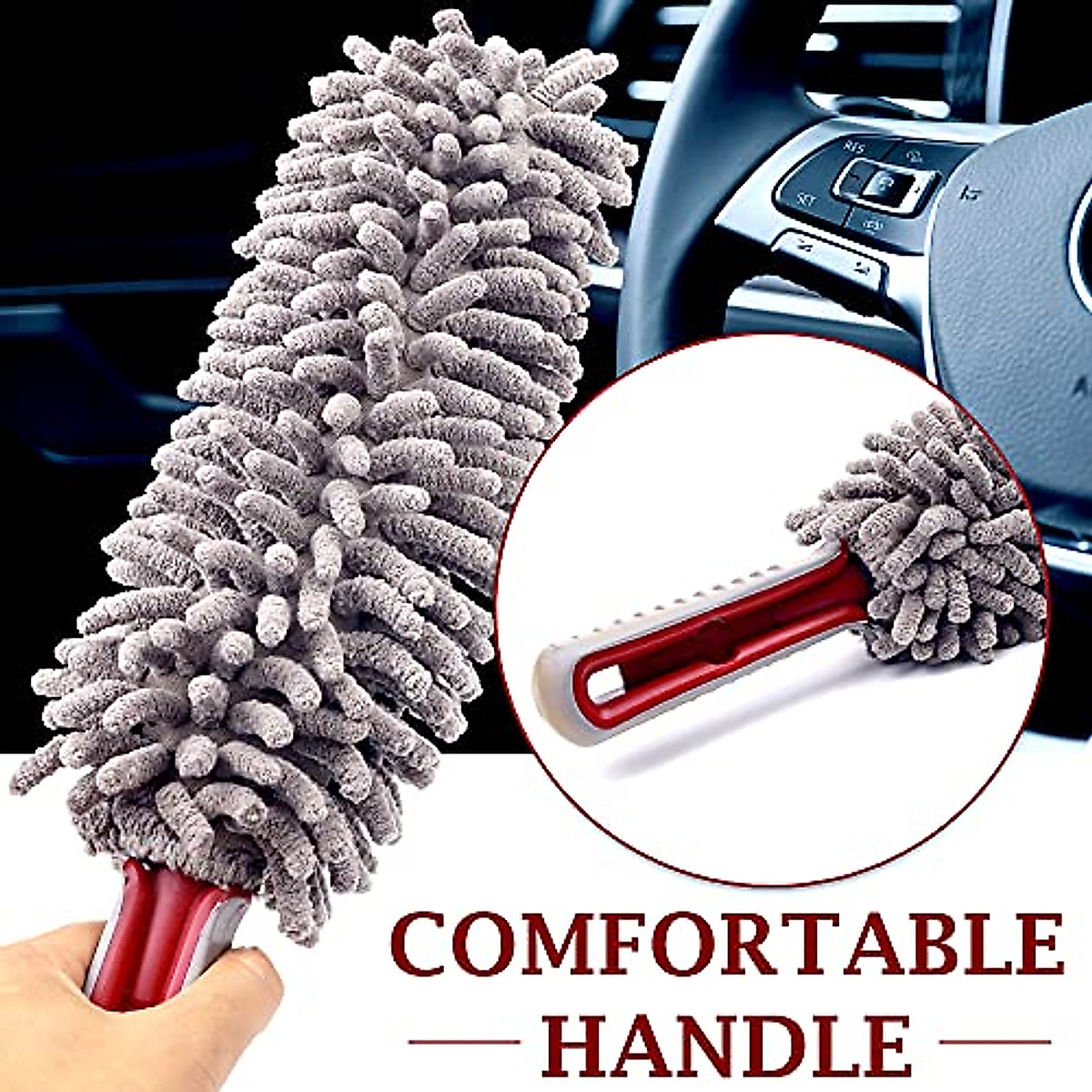 Car Duster Interior by TAKAVU, 360° Microfiber Fingers, Unbreakable Comfort Handle, Lint and Scratch Free, Include Microfiber Towel, for Car & Home Use, The Best Auto Accessories