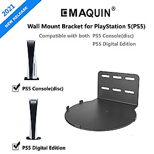 EMAQUIN Wall Mount Bracket for PlayStation 5 (PS5) (Sturdy Metal,Enduring Paint Finish,Easy Install on The Wall,Compatible with Both Console-Disc and Digital Eidtion,Black)