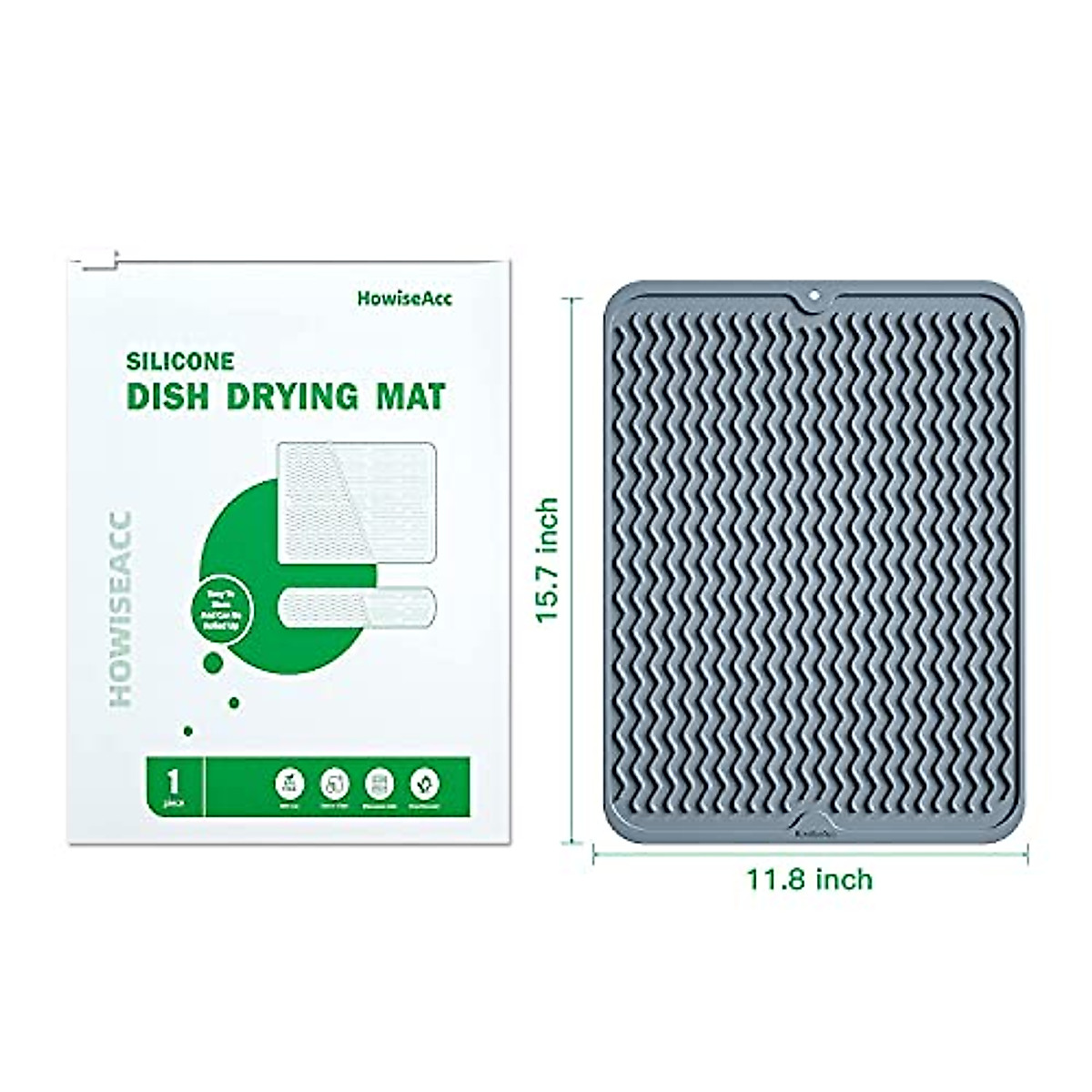 HowiseAcc Silicone Dish Drying Mat and 2 Trivets Mat,Drying Mat For Kitchen counter, Heat Resistant Mat,Easy Clean drainboard mat, Non-Slip Dish Drainer Pad for Kitchen Counter (L(16"×12"), Gray)