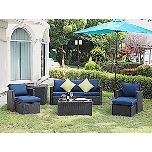 Green4ever 9 Piece Patio Furniture Set, All-Weather Outdoor Sectional Sofa Wicker Rattan Couch Patio Conversation Set with Storage Box, Coffee Table, Ottoman, and Blue Cushion