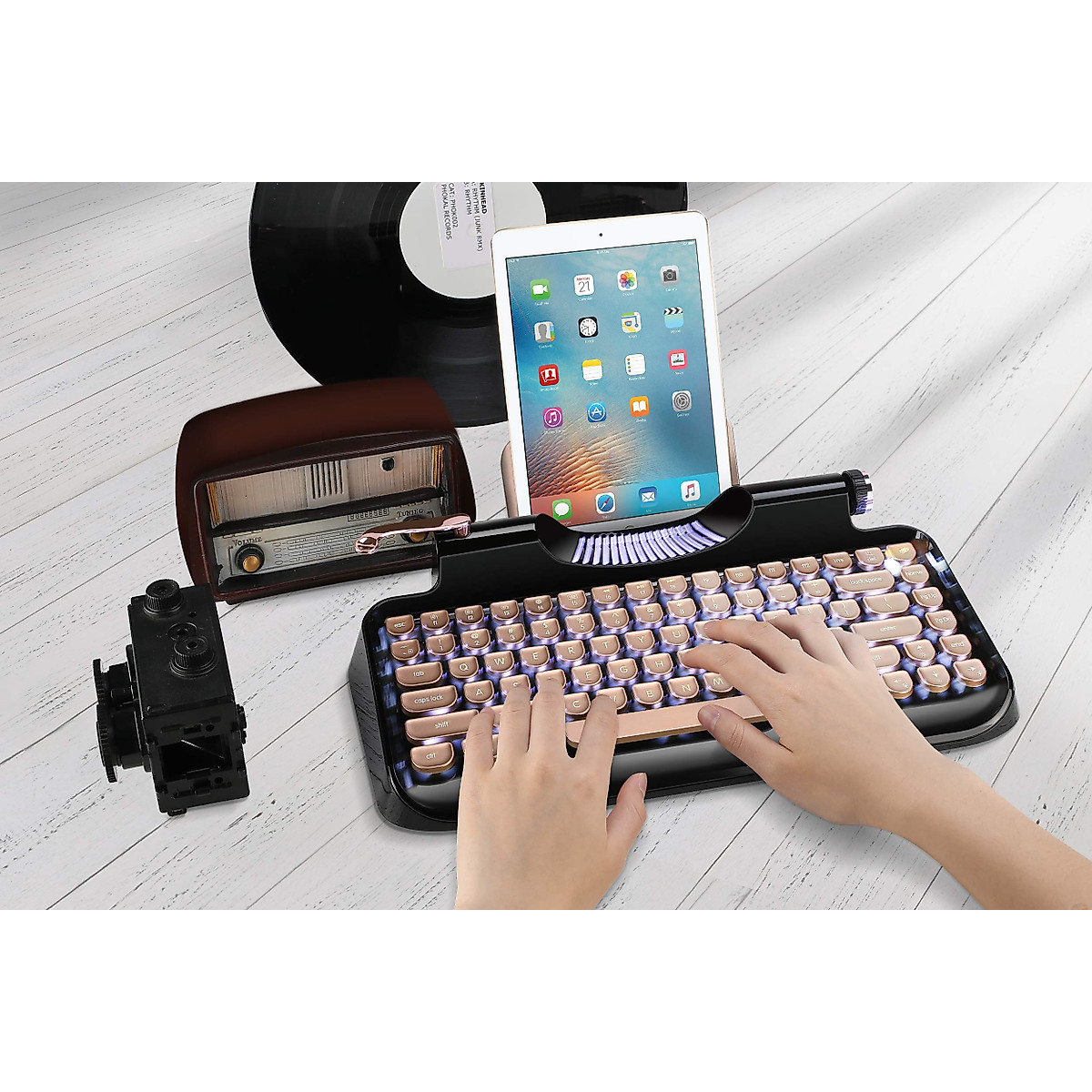 fotorkit Rymek Classic Typewriter Style Mechanical Keyboard USB Wired& Bluetooth Wireless Keyboard with Tablet Stand and RGB Dynamic Backlit Windows Mac iOS Android Supported-knewkey