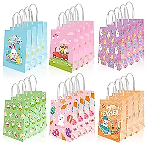 24PCS Easter Treat Bags with Handles, Easter Bags for Treats, Easter Party Favor Bags, Easter Gift Bags, Easter Egg Hunt Bags Decorated with Happy Easter Bunny and Chicks Pattern for Kids Spring Party
