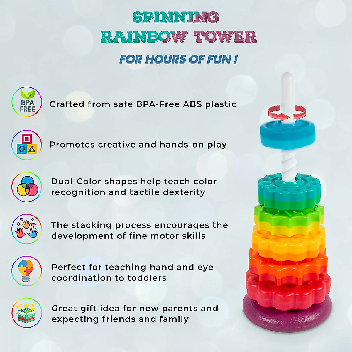 Ollie & Olive learn & play Spinning Toy Rainbow Spinning Stacking Tower - Stacking Toy for Toddlers and Babies 12 Months+ - Fun Educational - Hand Eye Coordination - Learning Toy for Boys and Girls