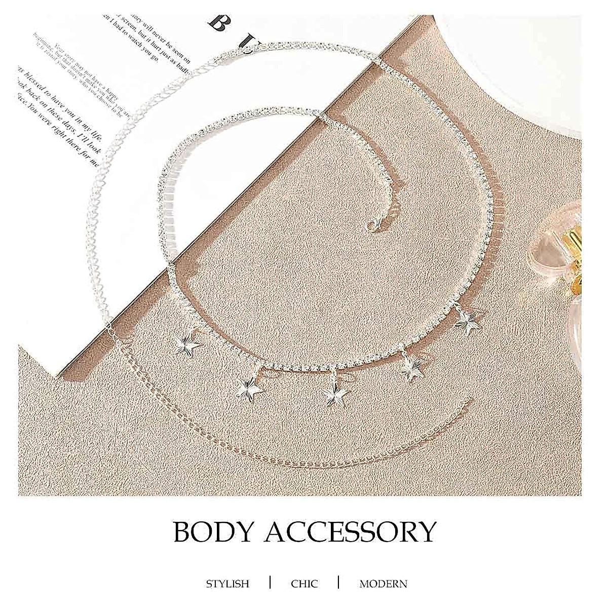 GEMILY Silver Star Waist Chains Rhinestone Belly Chains Sparkle Beach Body chains Jewelry Party Accessory for Women and Girls