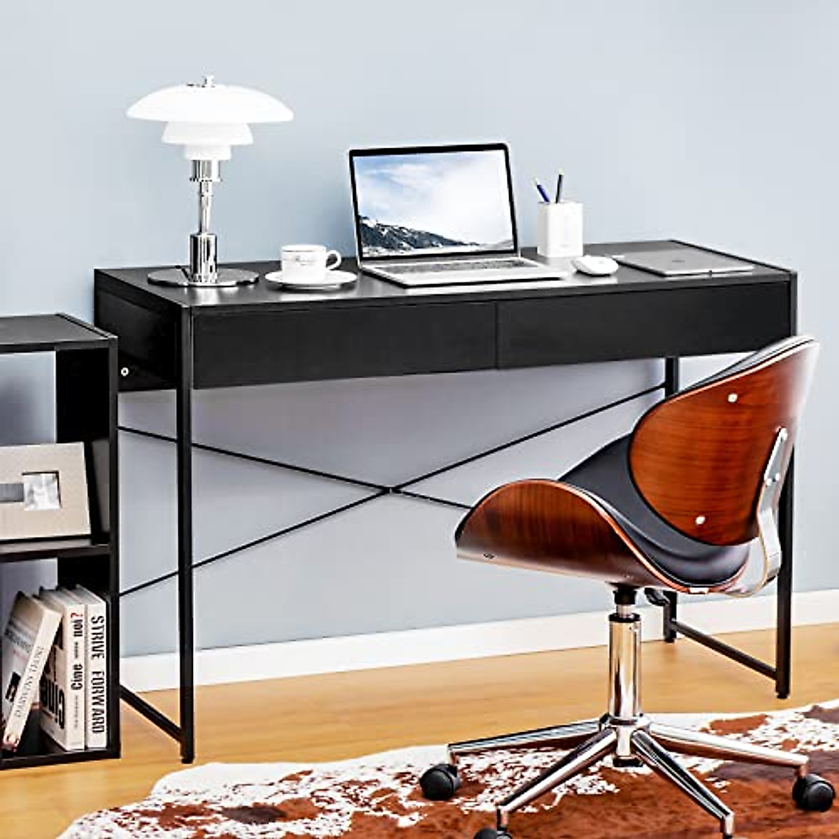 Tangkula Computer Desk with 2 Drawers, 44" Study Writing Table w/Heavy-Duty Steel Frame & Reinforced Structure, PC Desk with Storage for Home Office (Black)