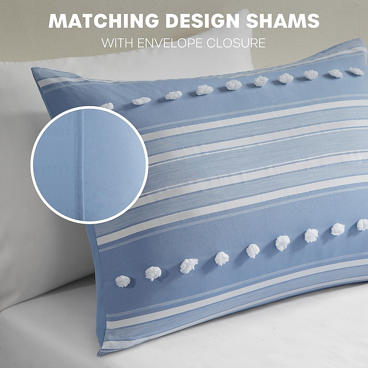 Urban Habitat Queen Duvet Cover Set Clipped Jacquard, Tufts Pompom Accent, Boho Duvet Covers, All Season Lightweight & Fluffy Bedding Cover, Matching Shams, Rowan, Full/Queen Blue 3 Piece