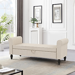 ALISH Modern Storage Bench with Arms, 54“ King Button Tufted Bed Bench Entryway Bench with Storage, Upholstered Bedroom Bench for Living Room Bedroom Light Beige