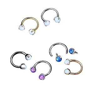 Pierced Owl 16GA 316L Stainless Steel Internally Threaded Claw Set Synthetic Opal Ends Circular Horseshoe Barbell (Black/White)