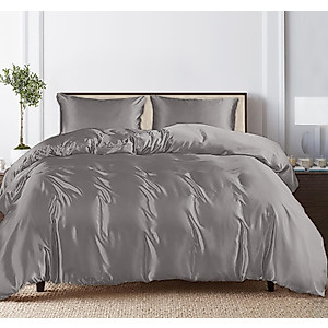 Linenwalas Tencel Lyocell Duvet Cover Set with Deep Pocket Fitted Sheet, Viscose Made from Eucalyptus Soft, Lightweight and Breathable Complete Bedding Set (Light Grey, Queen)