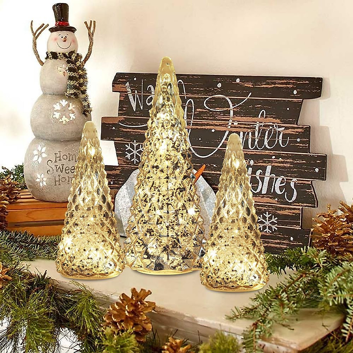 Christmas Decorations Indoor, YEAHOME Set of 3 Pre-lit Gold Glass Christmas Tree for Home Decor, Christmas Table Decorations Lighted Xmas Tree with Timer for Living Room Mantel Tabletop Party