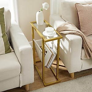 HOOBRO Narrow End Table, Tempered Glass Side Table, Small Nightstand, Bedside with Storage Holder, Coffee Table for Small Spaces, Bedroom, Living Room, Easy Assembly, Sturdy, Gold GD78BZ01