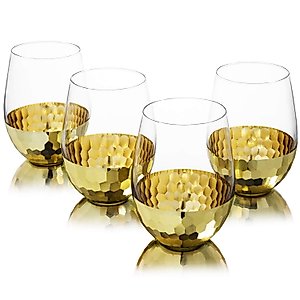 MyGift Modern Wine Glasses Stemless Set of 4 with Hammered Brass Metal Bottoms, Mimosa Glasses, Cocktail Glasses, Bridesmaid Toasting Glasses