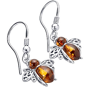 Peora Genuine Baltic Amber Bee Earrings for Women 925 Sterling Silver, Dainty Drops for Women, Rich Cognac Color, Fish Hook