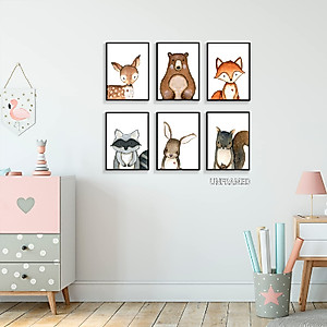 6 Pieces Woodland Animals Nursery Canvas Wall Art Cute Safari Jungle Animal Deer Bear Bunny Pictures Baby Room Posters Farmhouse Forest Theme Fox Squirrel Raccoon Prints Decor 8x10in Unframed
