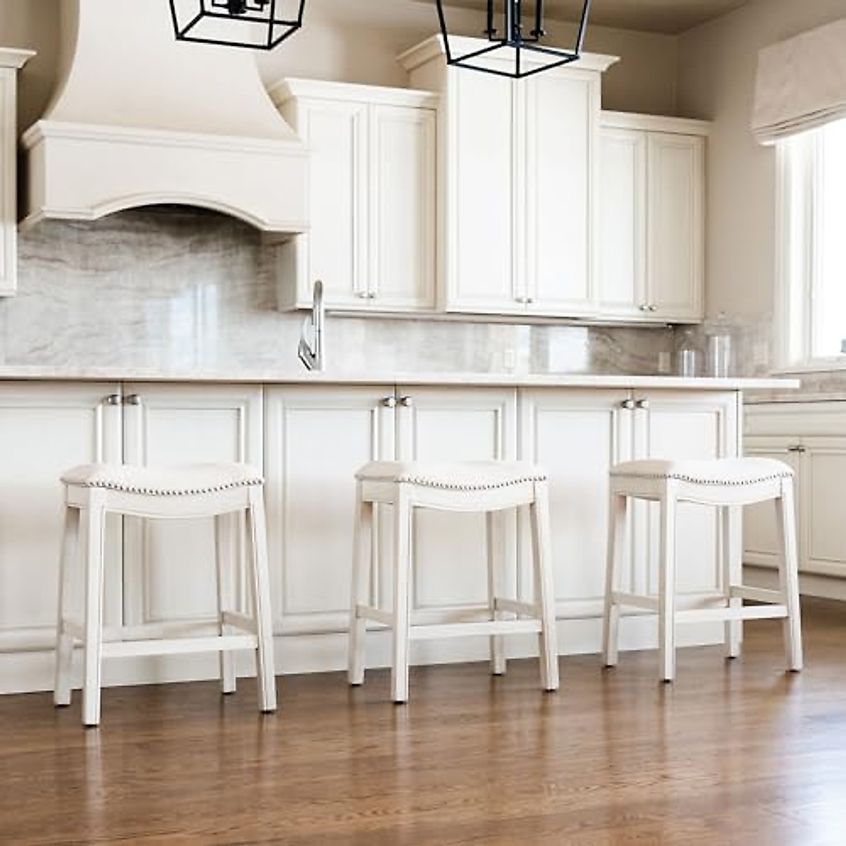 Maven Lane Adrien 26 Inch Counter Height Upholstered Backless Saddle Barstool in White Oak Finish with Natural Color Fabric Cushion Seat, Set of 2