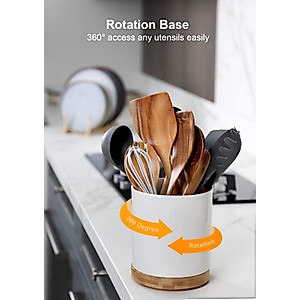 Nucookery 360° Rotating Utensil Holder, 7.2" Large Utensil Crock, White Ceramic Cooking Utensil Organizer with Countertop-Protection Cork Bottom for Farmhouse Kitchen Decor Gift (White)