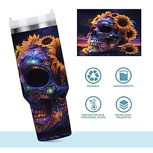 Slewiaeky Tumbler with Handle 40 oz Beautiful Goth Skull Sunflower Travel Mug with Lid and Straw Stainless Steel Vacuum Insulated Water Bottle Cup for Iced Tea Coffee Cold Beverages Cup Holder Friend