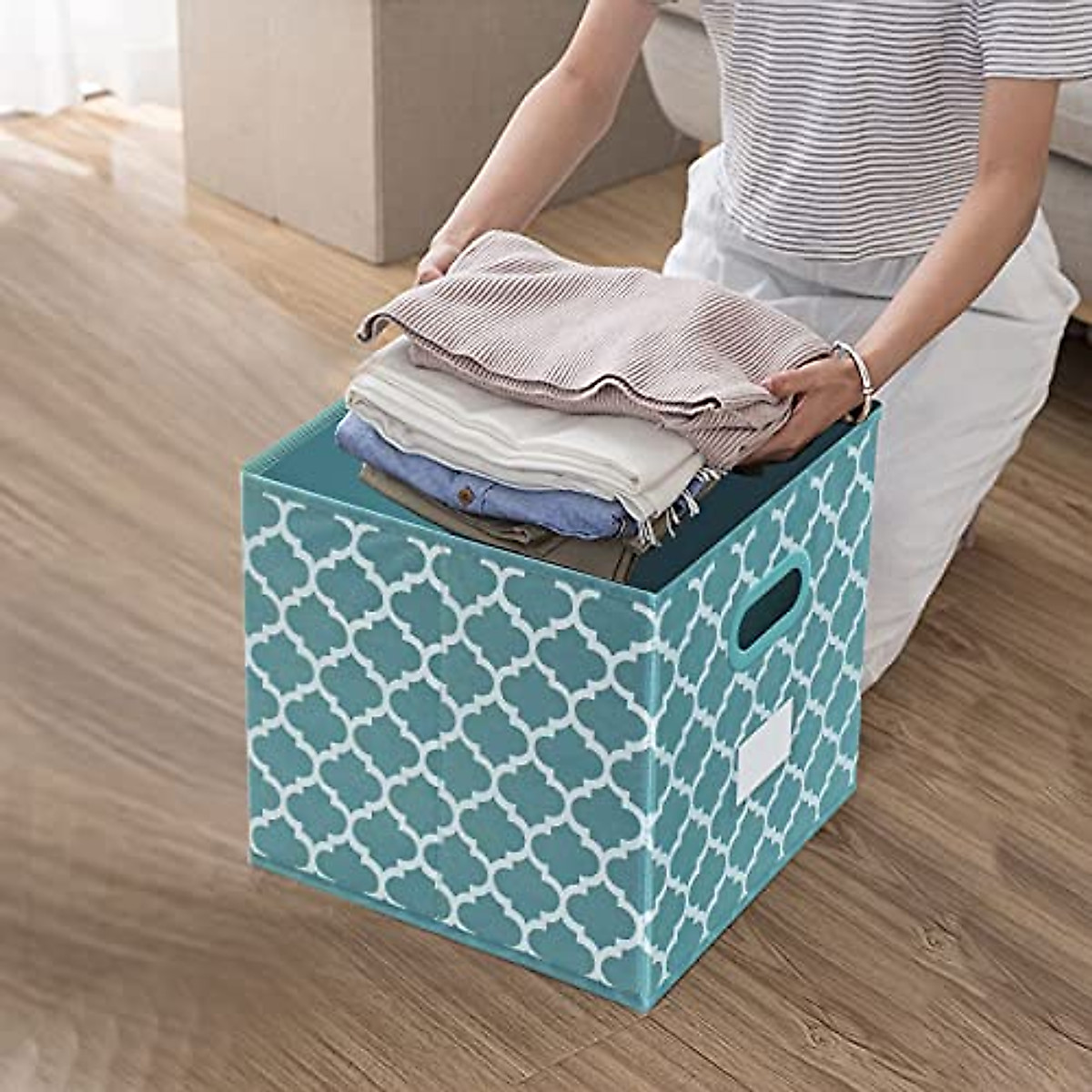 Homyfort Cube Storage Organizer Bins 12x12 - Fabric Storage Cubes Bin Foldable Baskets Square Box with Labels and Dual Plastic Handles for Shelf Closet, Nursery, Boys, Girls, Set of 6 (Teal Blue)