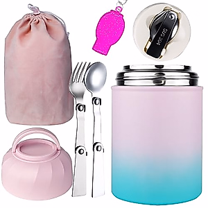 CocoMeiwei Thermos for Hot Food & Drinks, Thermos Lunch Box for Kids, 17oz Vacuum Insulated Food Container with Spoon&&Drawstring Bag, Soup Thermos for Adults, Pink&Green