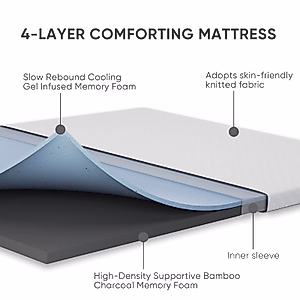 FlexPedic 2 Inch Memory Foam Mattress Topper Queen Size, Pain Relief High-Density Extra Firm Bed Topper, Gel & Bamboo Charcoal Infused Cooling Pad with Skin-Friendly Cover, CertiPUR-US Certified