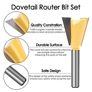 KOWOOD Dovetail Router Bit Set 6 Sizes with 1/4 Inch Shank ,Cutting Dia in 1/4" 3/8" 1/2" 5/8" 3/4" 7/8" Wood Milling Cutter Tool for Making Boxes Drawers Chests,Great for Craftsman Woodworking