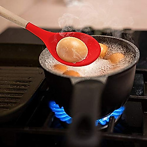 KUFUNG Silicone Slotted Serving Spoon, Wooden Handle Nonstick Mixing Spoon, Heat resistant up to 480°F. Silicone Kitchen Cooking Utensils Non-Stick Tool for Draining & Serving (Red)