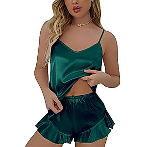 Womens Pajama Sets Sexy Lingerie Satin Sleepwear Cami Shorts Set V Neck Pj Silk Nightwear Dark Green XL