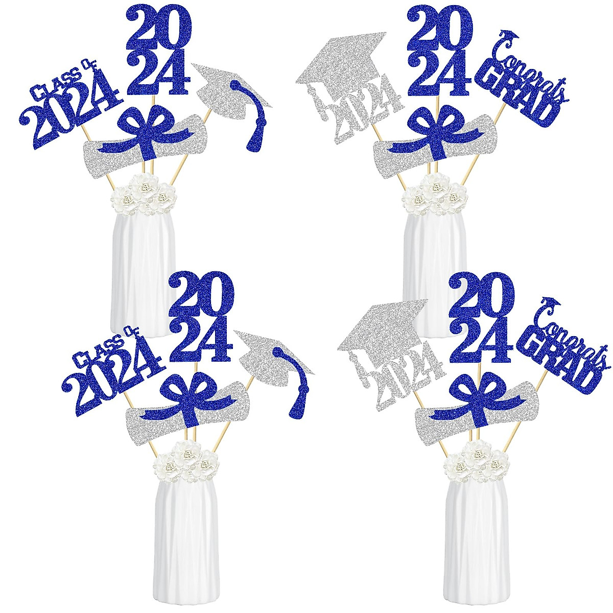 Blue and Silver 2024 Graduation Centerpiece Sticks Graduation Party Centerpieces for Tables 2024, Graduation Table Toppers 2024 Blue Class of 2024 Graduation Table Centerpieces Decorations - 24Pcs