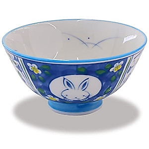 Mino Ware Rice Bowl Set, 4.4 inch, Red Rabbit Design, Blue, Japanese Ceramic Bowls, 5.2 oz, Set of 2