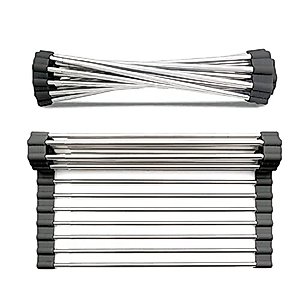 Zeanoch Dish Drying Rack Over The Sink Sink Drying Rack, Adjustable Length, Rolled Up ，Foldable，Saves Space, Fits Most Sinks, Stainless Steel Mat ,Also Great to Use with Kitchen Sink Mats (Black)