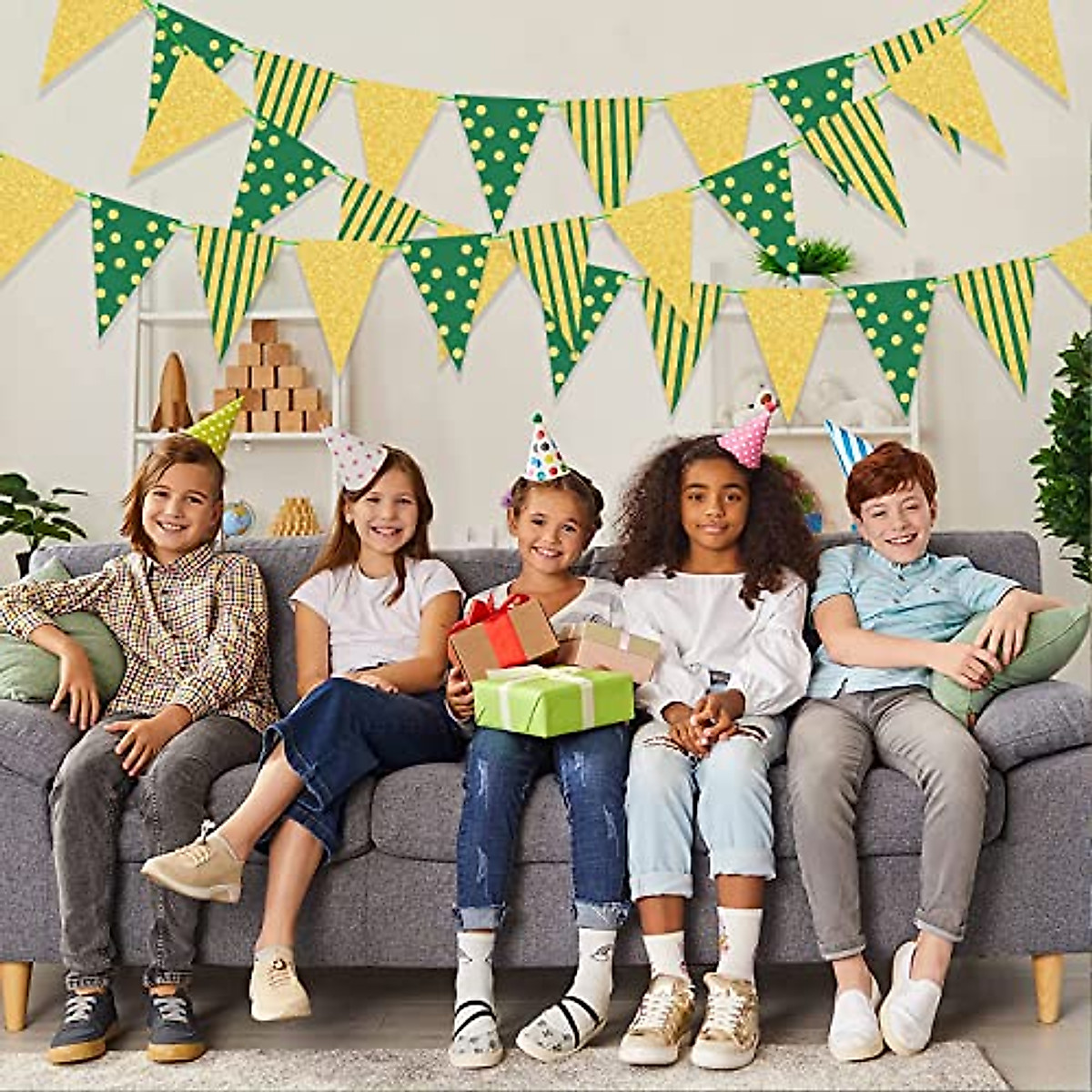 Green Gold Party Decorations, Hanging Glitter Paper Triangle Flag Pennant Banner for St. Patrick's Day Graduation Carnival Bachelorette Engagement Wedding Birthday Baby Bridal Shower 24.6Ft