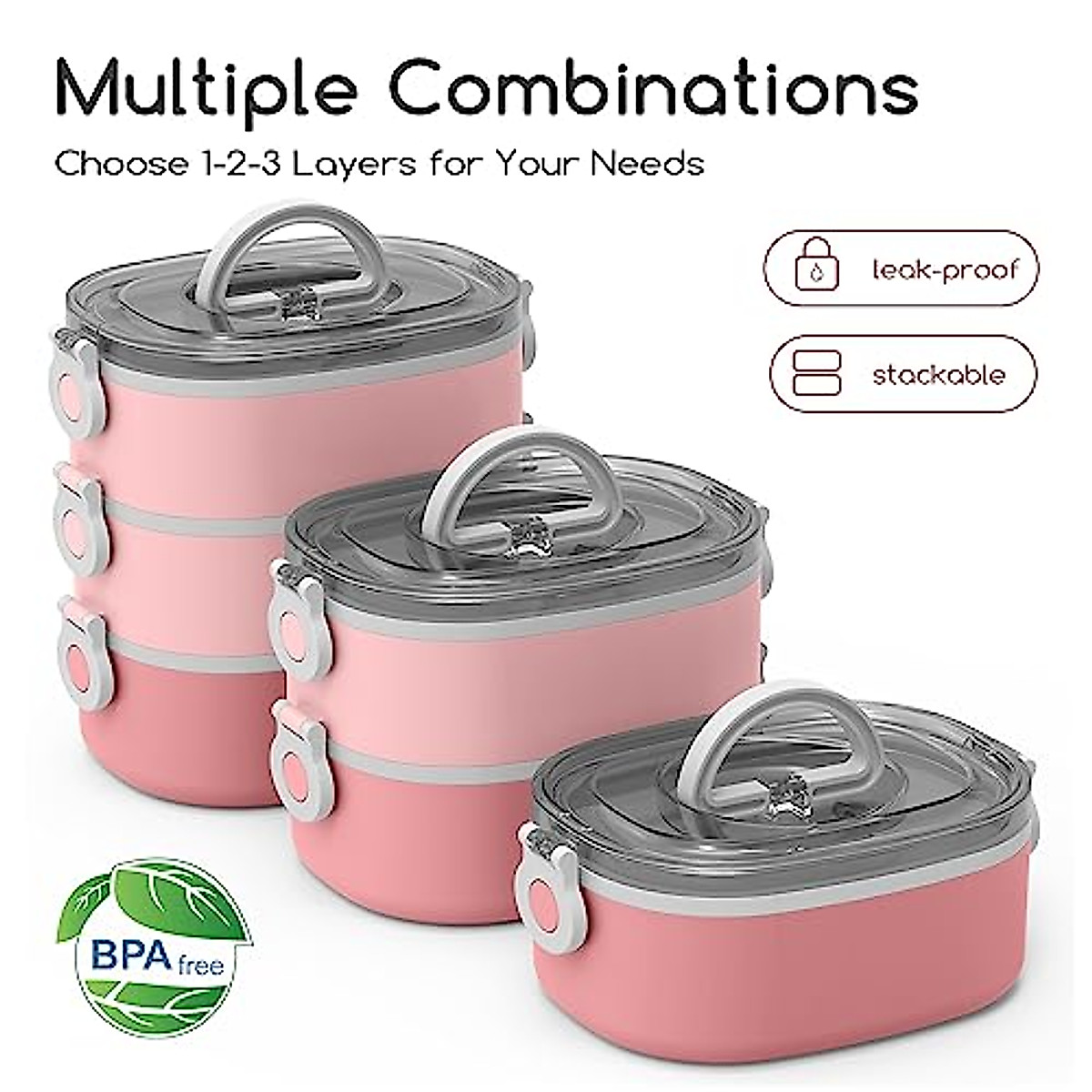 KHOXU Bento Lunch Box, Stackable 3 Layers Bento Box Adult Lunch Box, 94OZ Large Capacity Lunch Containers, Lunch Box Kids with Accessories Kit , Leak-Proof, Food-Safe Materials, Pink