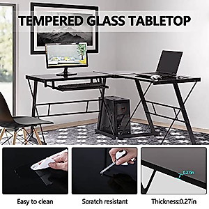 Haiput Wam Gaming Desk L Shaped Computer Desk Office Desk Modern Toughened Glass Corner Desk with Keyboard Tray for Home Office Writing Study 51", PC Desk Gaming Computer Desk