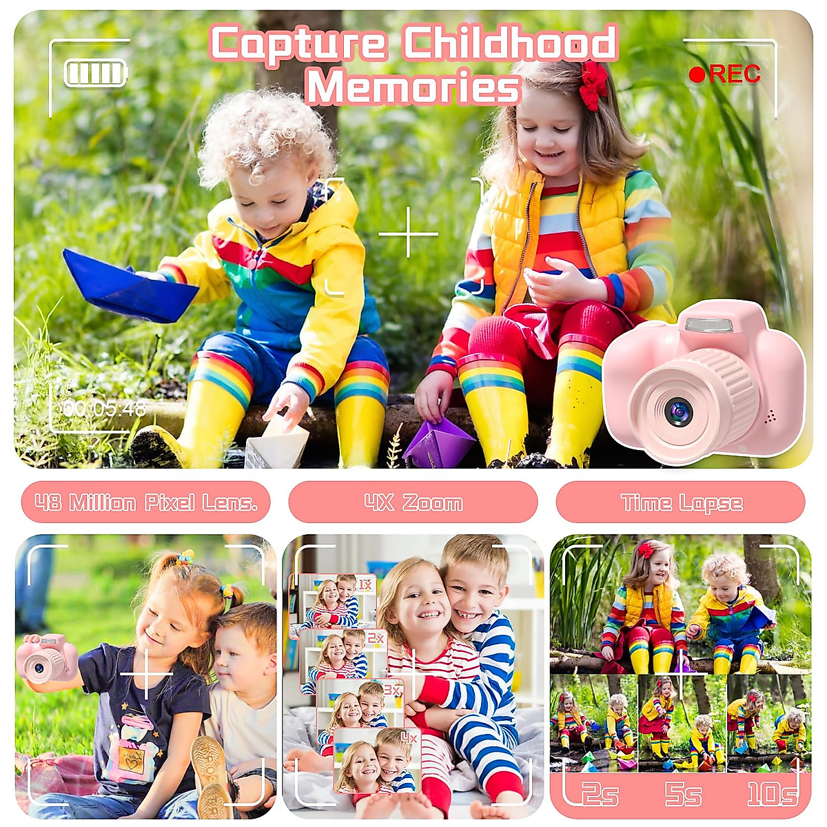 Temodu Kids Camera, Best Birthday Festival Toys Gifts for Girls Boys Age 3 4 5 6 7 8 9 10 11 12 Year Old, Digital Camera for Kids with Video, Toy Camera Toddler Camera for Girls with 32GB Card - Pink