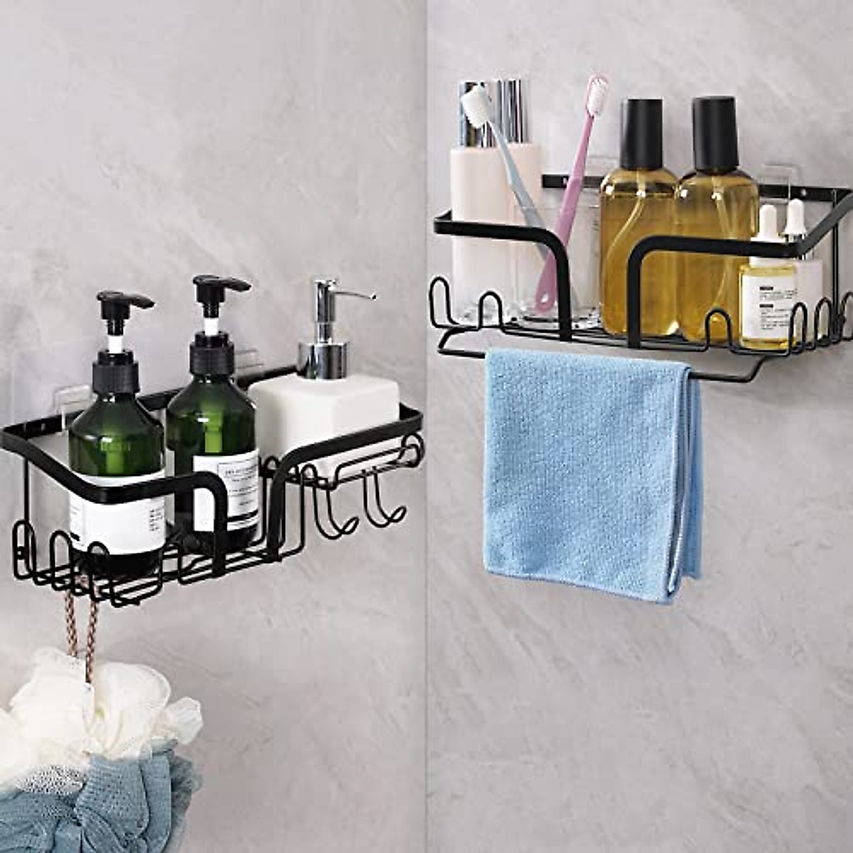 Bathroom Shower Shelf Organizer Rack 2-Pack, Strong Adhesive Shower Caddy with Soap Holder and 11 Hooks, No Drilling Wall Mounted Rustproof Stainless Steel Shower Shelf for Inside Shower, Black