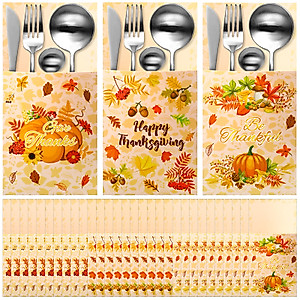 Zhanmai 48 Pieces Thanksgiving Cutlery Holder with Give Thanks Maple Leaf Cutlery Silverware Holder Paper Pocket Set Thanksgiving Utensil Holder for Autumn Harvest Party Table Decorations, 3 Styles