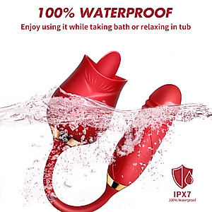 Rose Toy Vibrator for Woman - 3 in 1 Clitoral Stimulator Tongue Licking Thrusting G Spot Dildo 9 Modes, Adult Sex Toys Games , Clitoris Nipple Licker Women Man Couple, Red, 1.0 Count