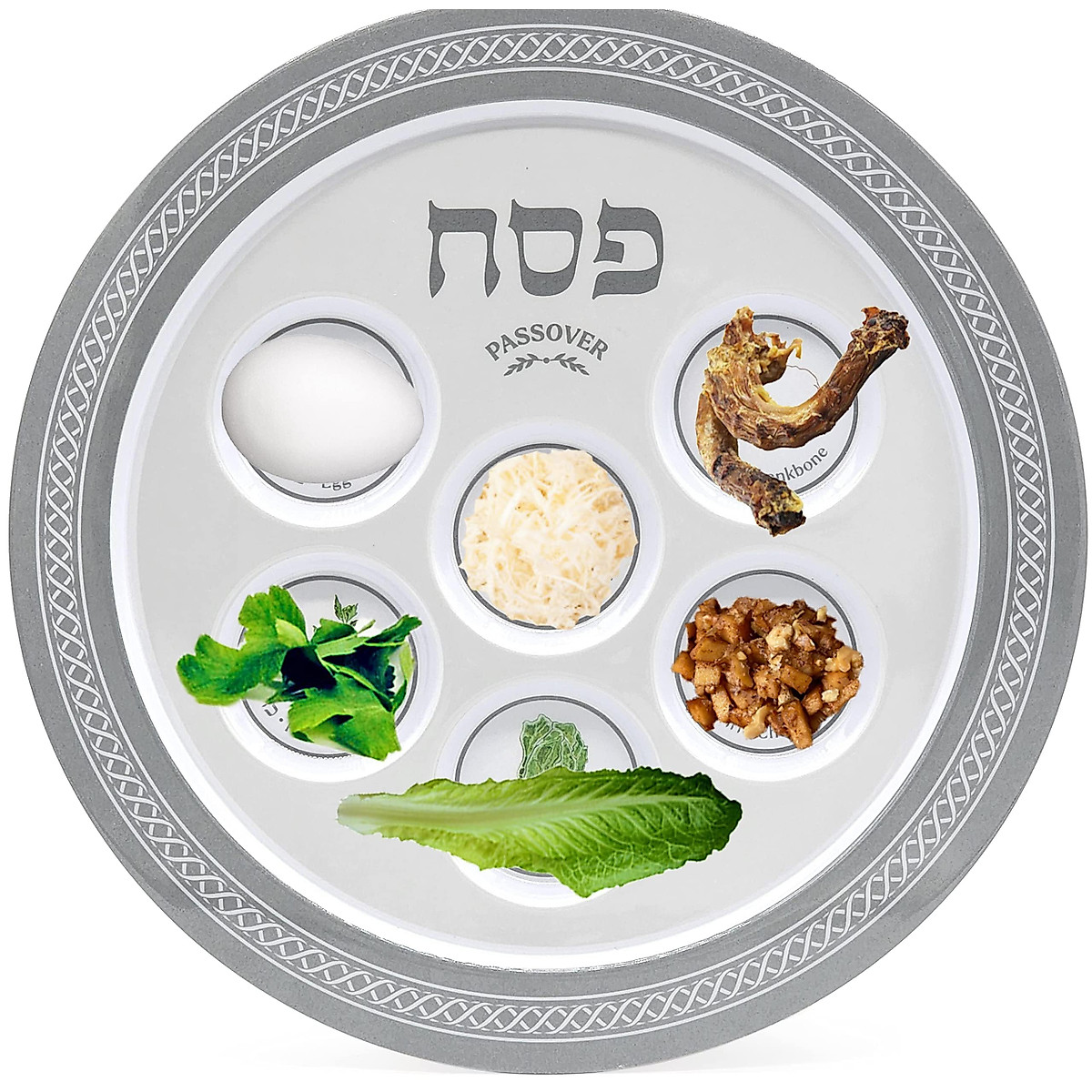 The Dreidel Company Passover Classic Silver Seder Plate, Melamine Silver Design Passover Seder Plates, Traditional Kaarah For Pesach 12" (Single)