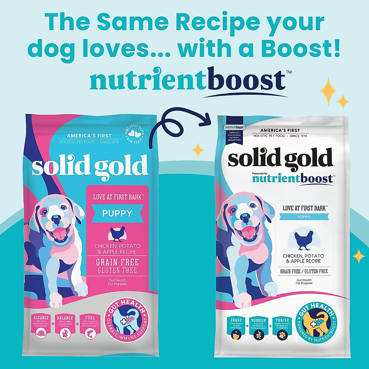 Solid Gold Dry Puppy Food w/Nutrientboost - Made with Real Chicken & Nutritious Superfoods - Love at First Bark Grain Free Puppy Dry Food for Healthy Growth, Energy and Gut Wellness - 3.75 LB Bag
