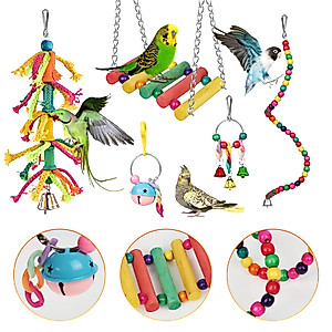 Bonjin Bird Parakeet Toys, Bird Swing Toy Bird Perch Colorful Chewing Toys, with Bells Hanging Toy Climbing Ladder Suitable for Budgerigar, Parakeet, Conure, Cockatiel, Mynah, Love Birds, Finches