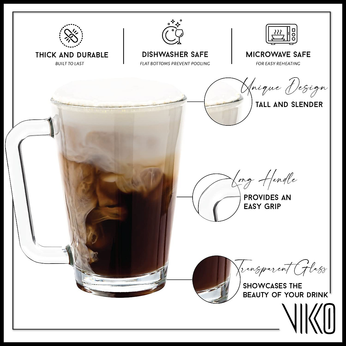 Vikko Glass Coffee Mugs, Thick and Durable 9 Ounce Coffe Cup, Microwave and Dishwasher Safe, Set of 6 Clear Glass Mugs