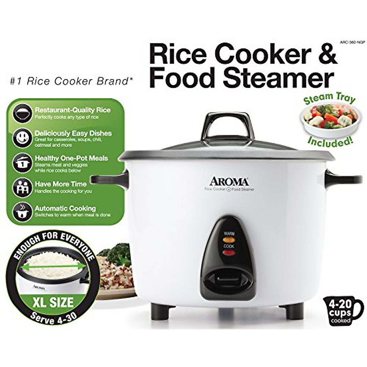 Aroma Housewares ARC-360-NGP 20-Cup Pot-Style Rice Cooker & Food Steamer, White