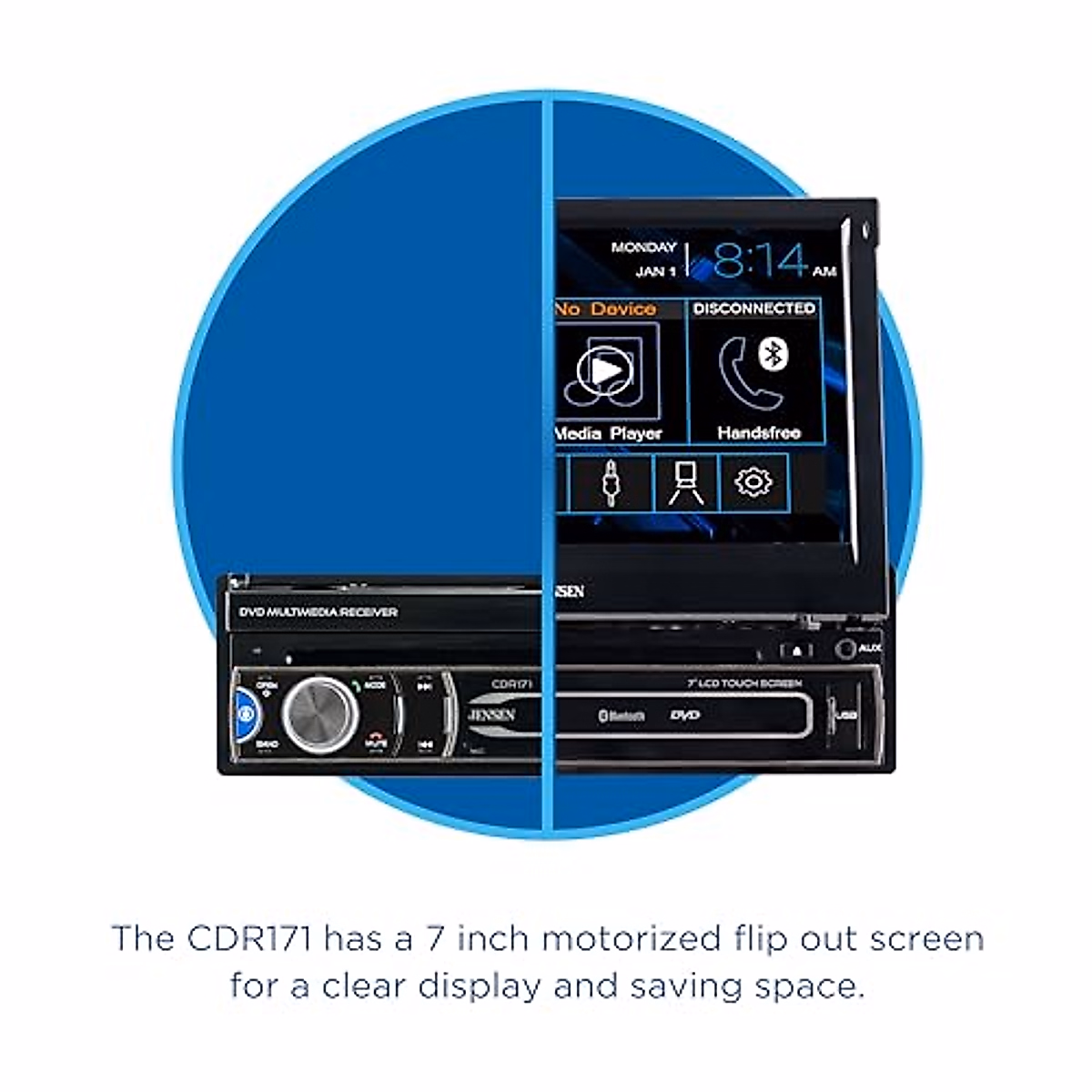 JENSEN CDR171 7 inch AM/FM Motorized Flip Out LED Media Touch Screen Single Din Car Stereo Radio | CD & DVD Player | Push to Talk Assistant | Bluetooth | Backup Camera Input | USB and 3.5mm AUX Inputs